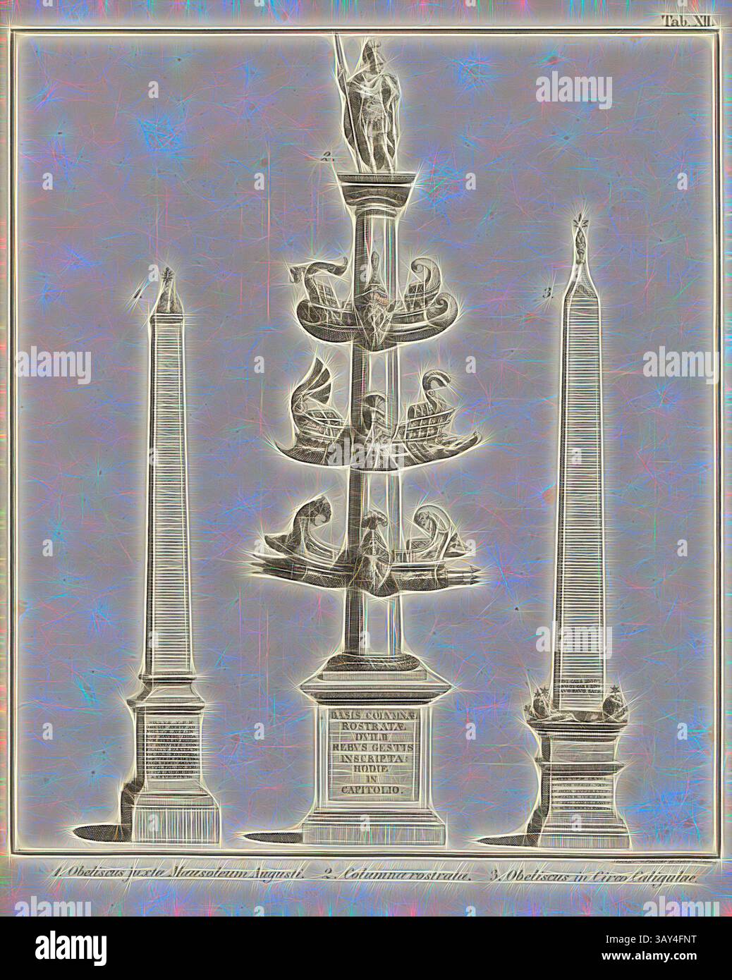 A detailed illustration featuring three monumental structures: a ...