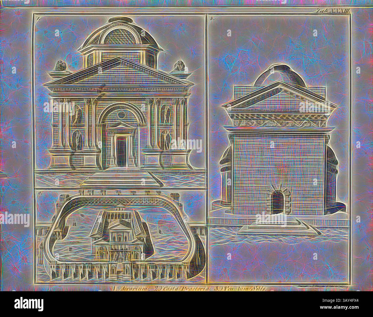 Intricate architectural sketches showcase a grand temple structure ...