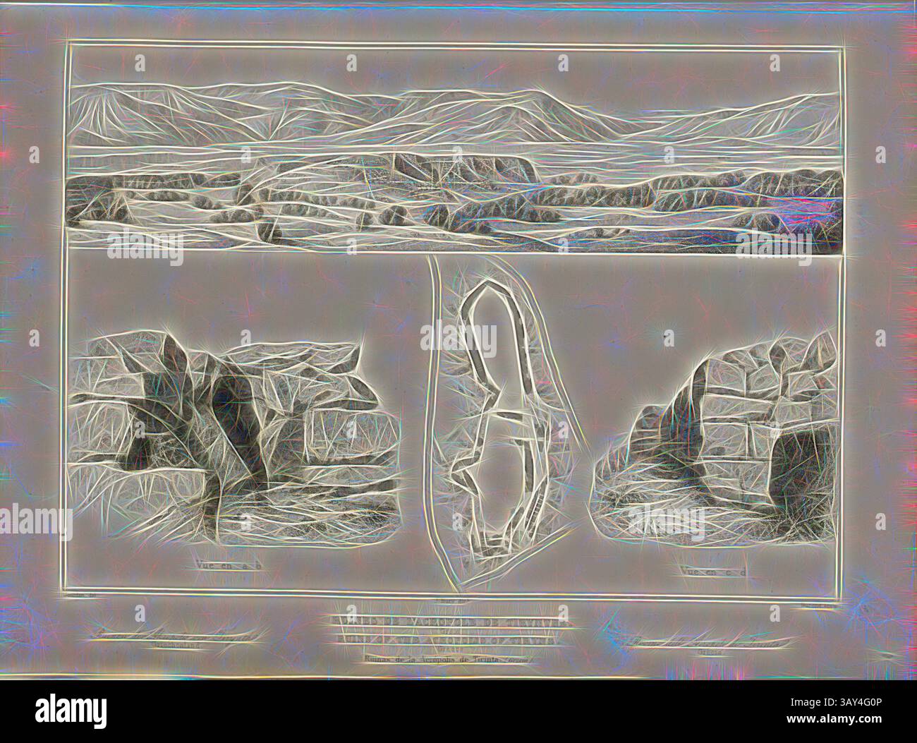 A stylized representation of a rugged landscape featuring dramatic rock ...