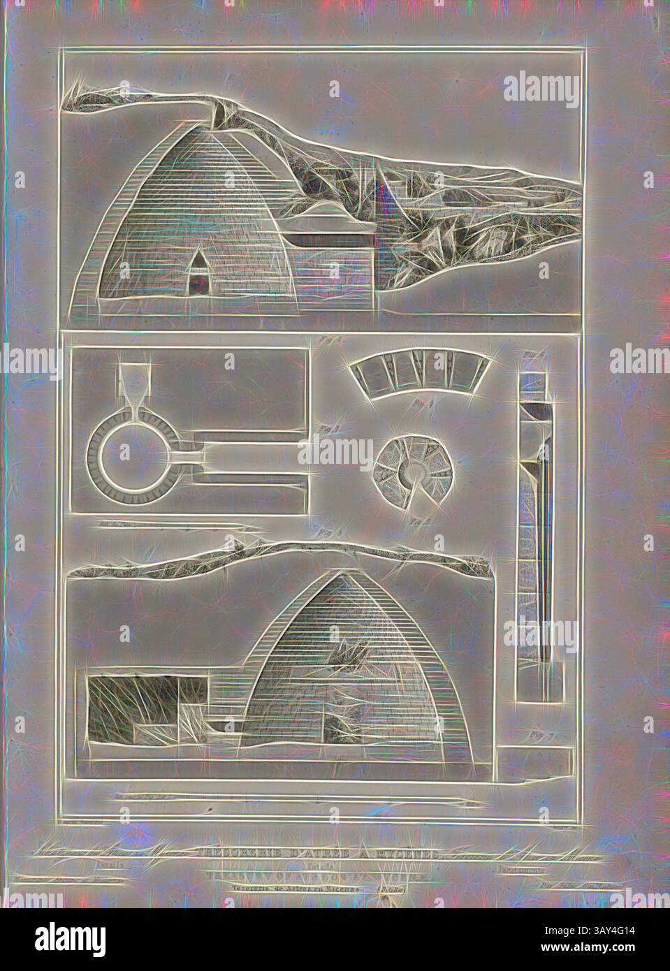 An abstract composition features geometric shapes and stylized forms ...