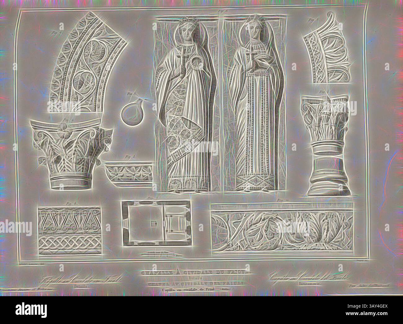 An intricate arrangement of architectural fragments featuring detailed ...