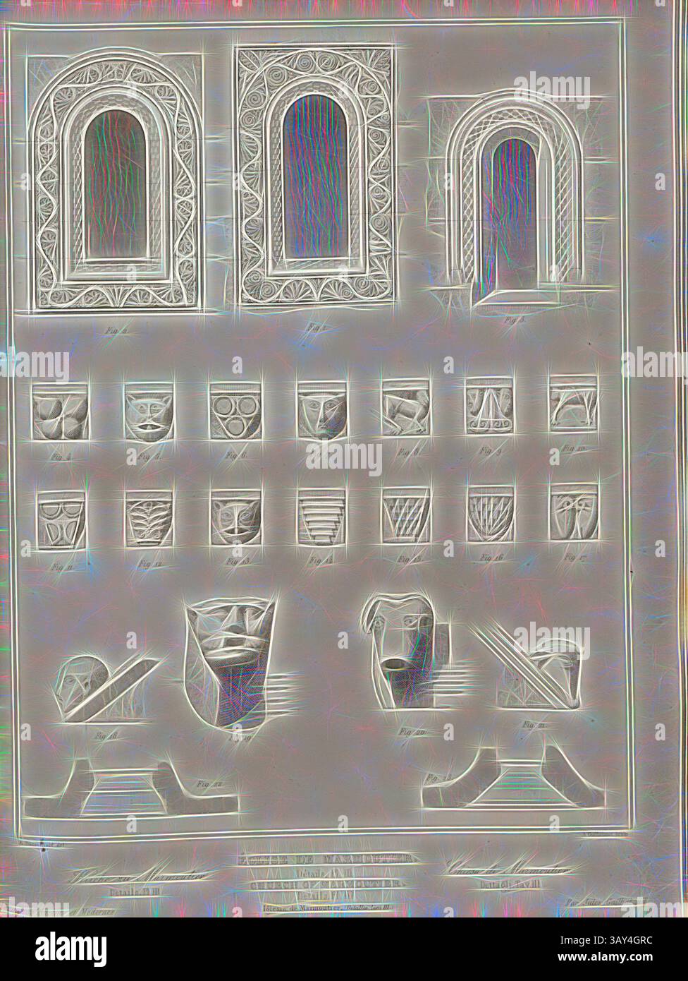 A collection of ancient symbols and carvings, featuring intricate ...