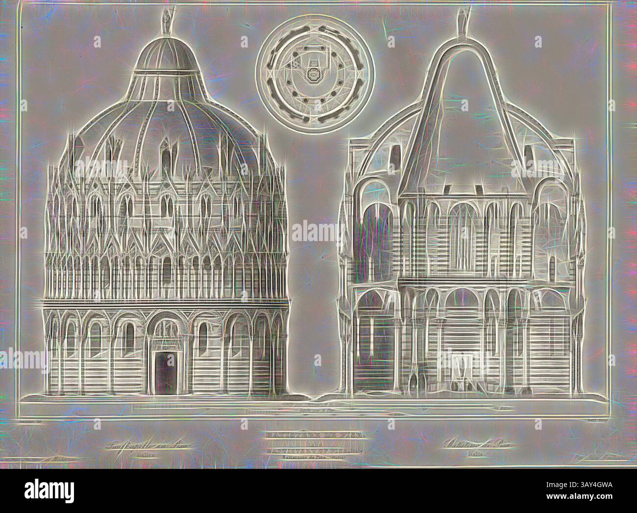 Two intricately designed architectural structures are depicted side by ...