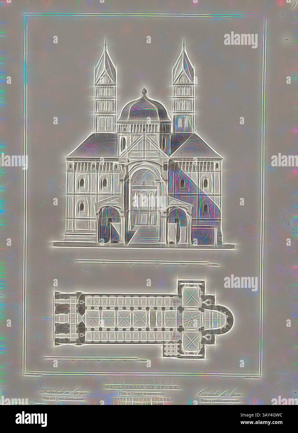 A detailed architectural drawing of a grand building featuring two ...