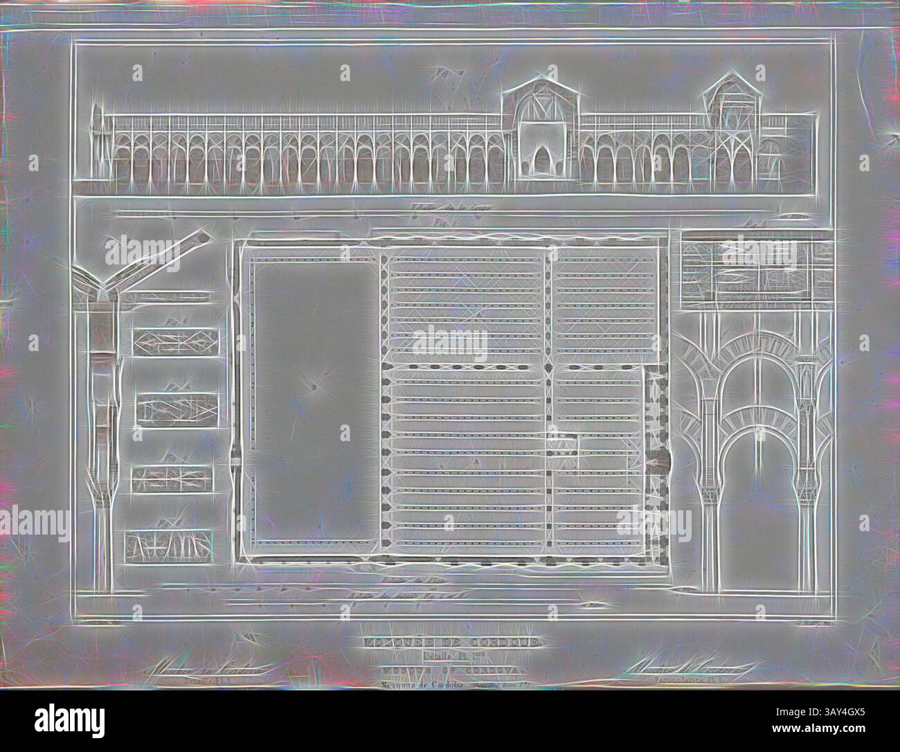 A detailed architectural blueprint featuring a grand structure with an ...