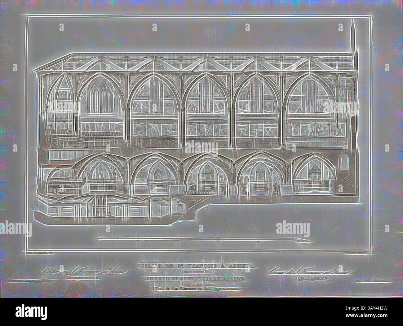 A detailed architectural drawing showcasing a grand building with ...