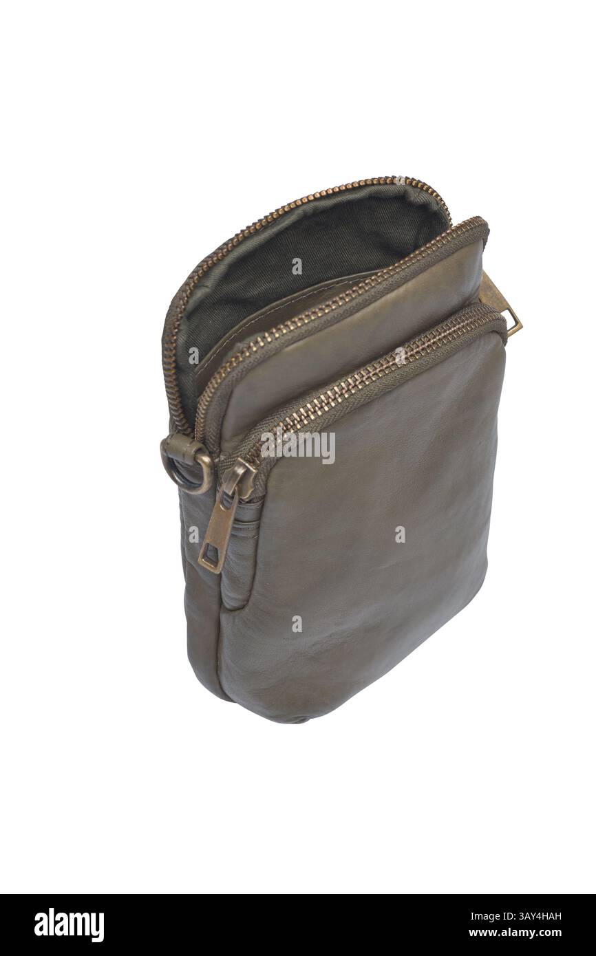 olive green leather crossbody bag presented on a white background ...