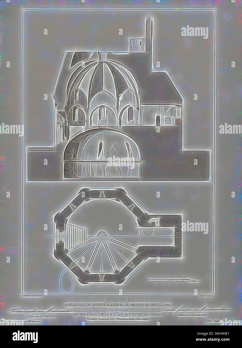 A stylized architectural illustration featuring an intricate dome ...