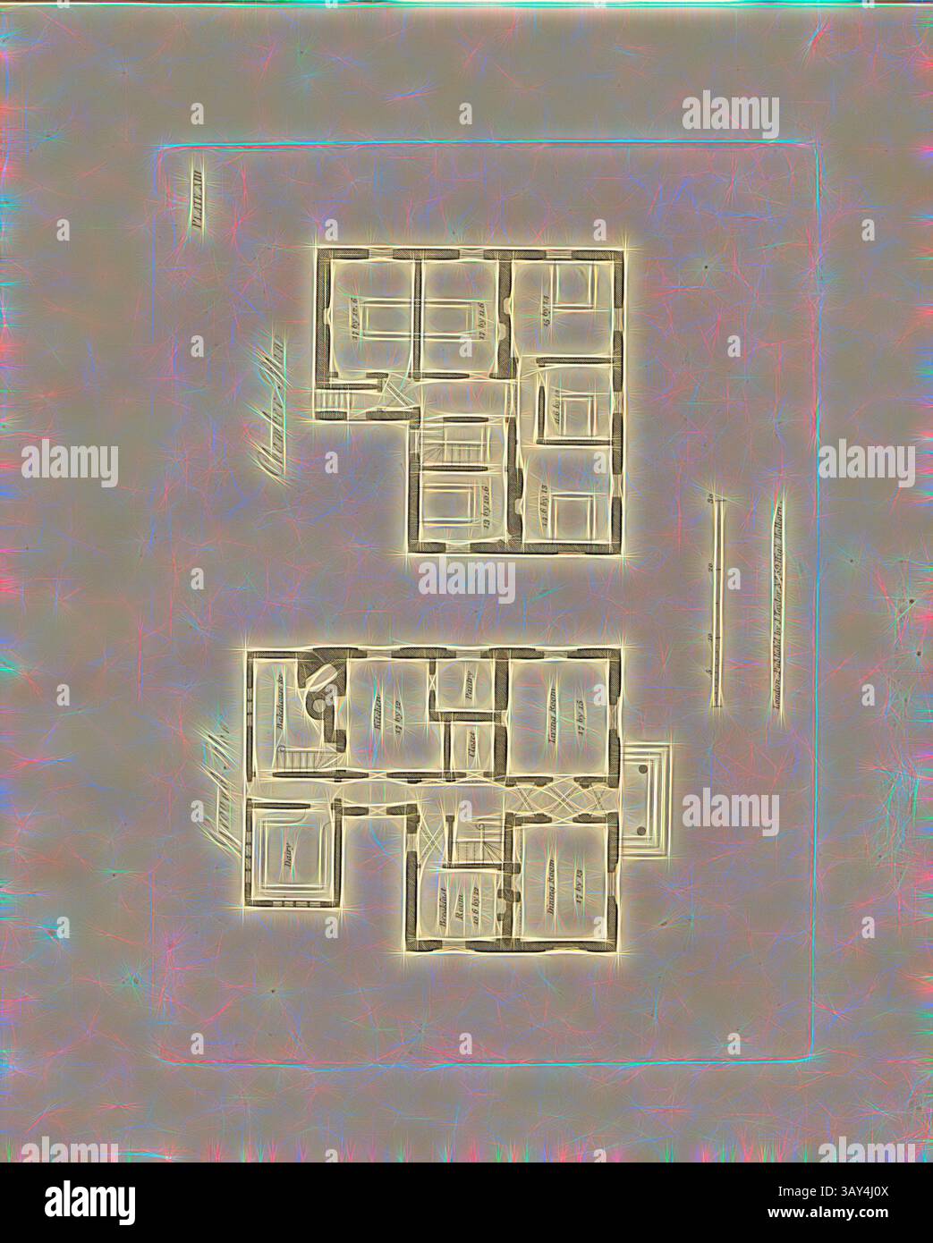 A stylized floor plan outlines two distinct sections of a building ...
