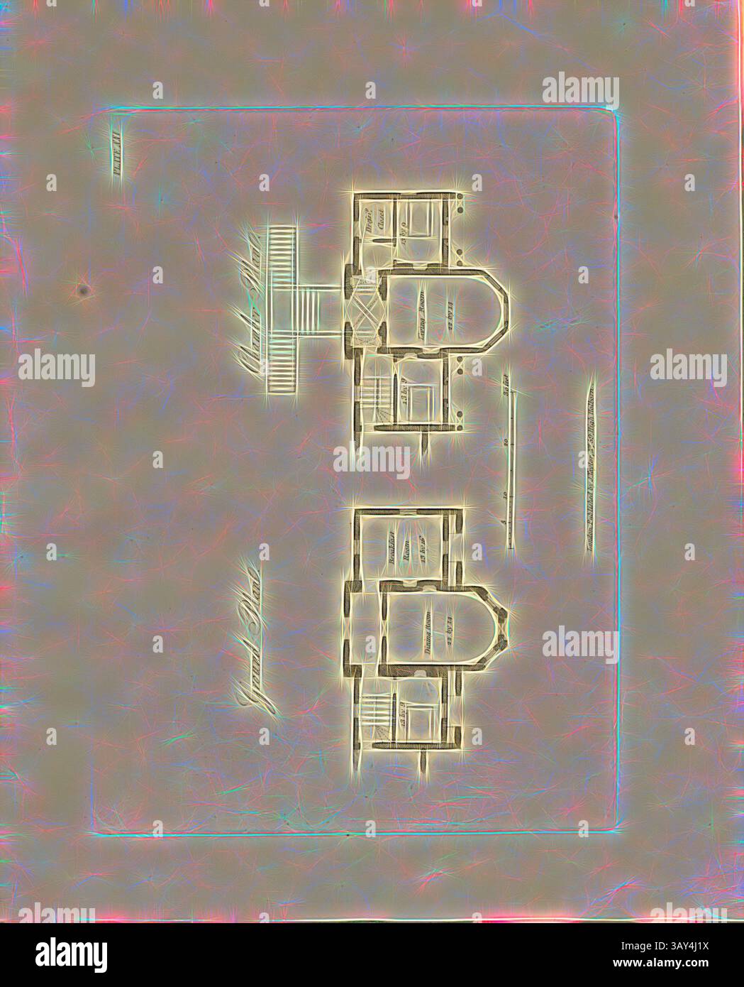 A stylized architectural blueprint featuring a detailed floor plan with ...