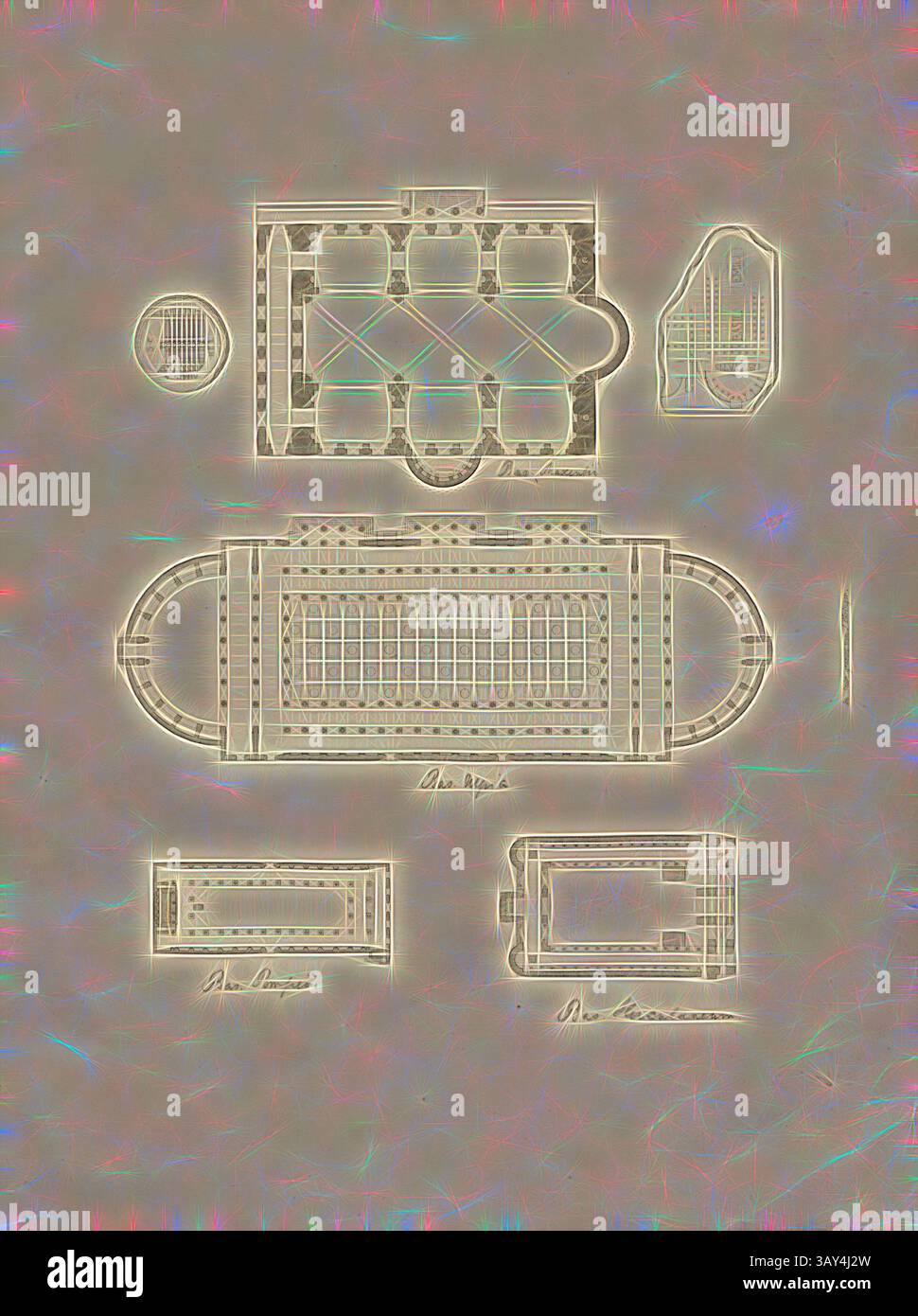 An architectural blueprint features various floor plans and layouts ...