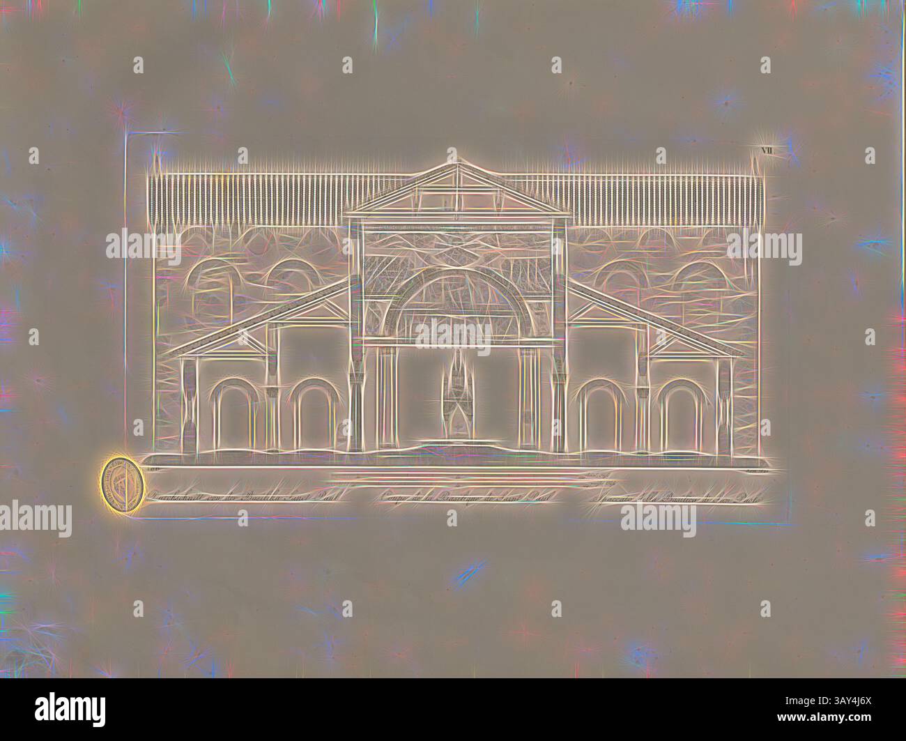 A stylized architectural drawing showcases a grand façade featuring ...