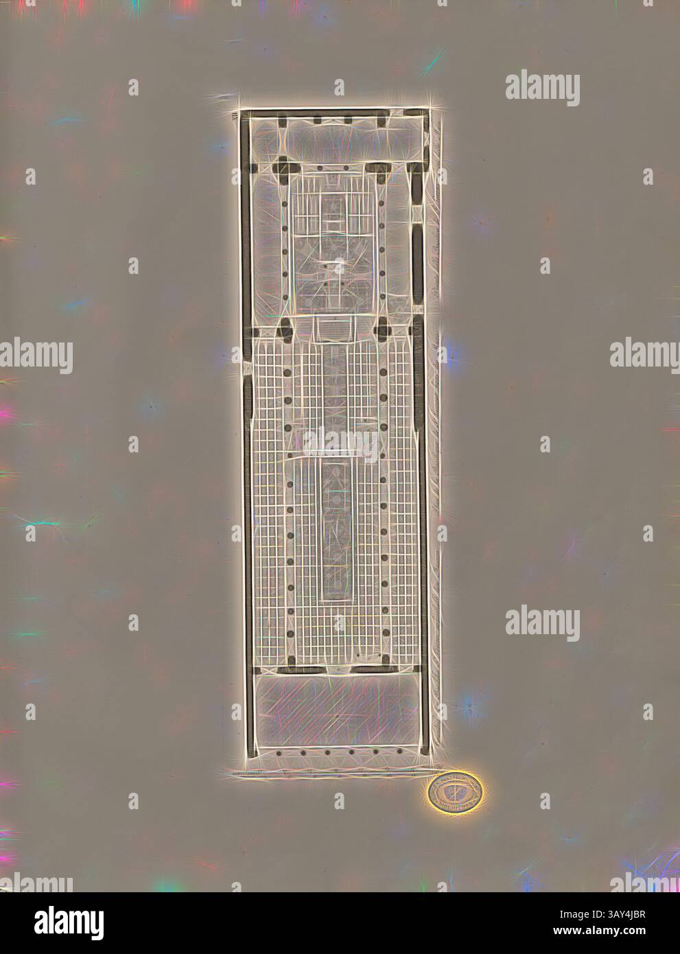 A detailed architectural blueprint featuring a vertical layout, with ...