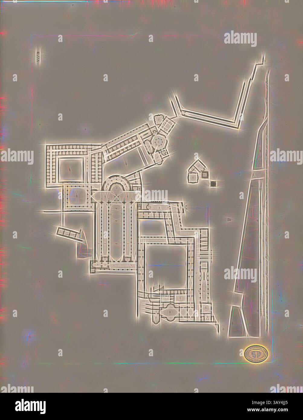 A detailed architectural layout featuring various structures and ...