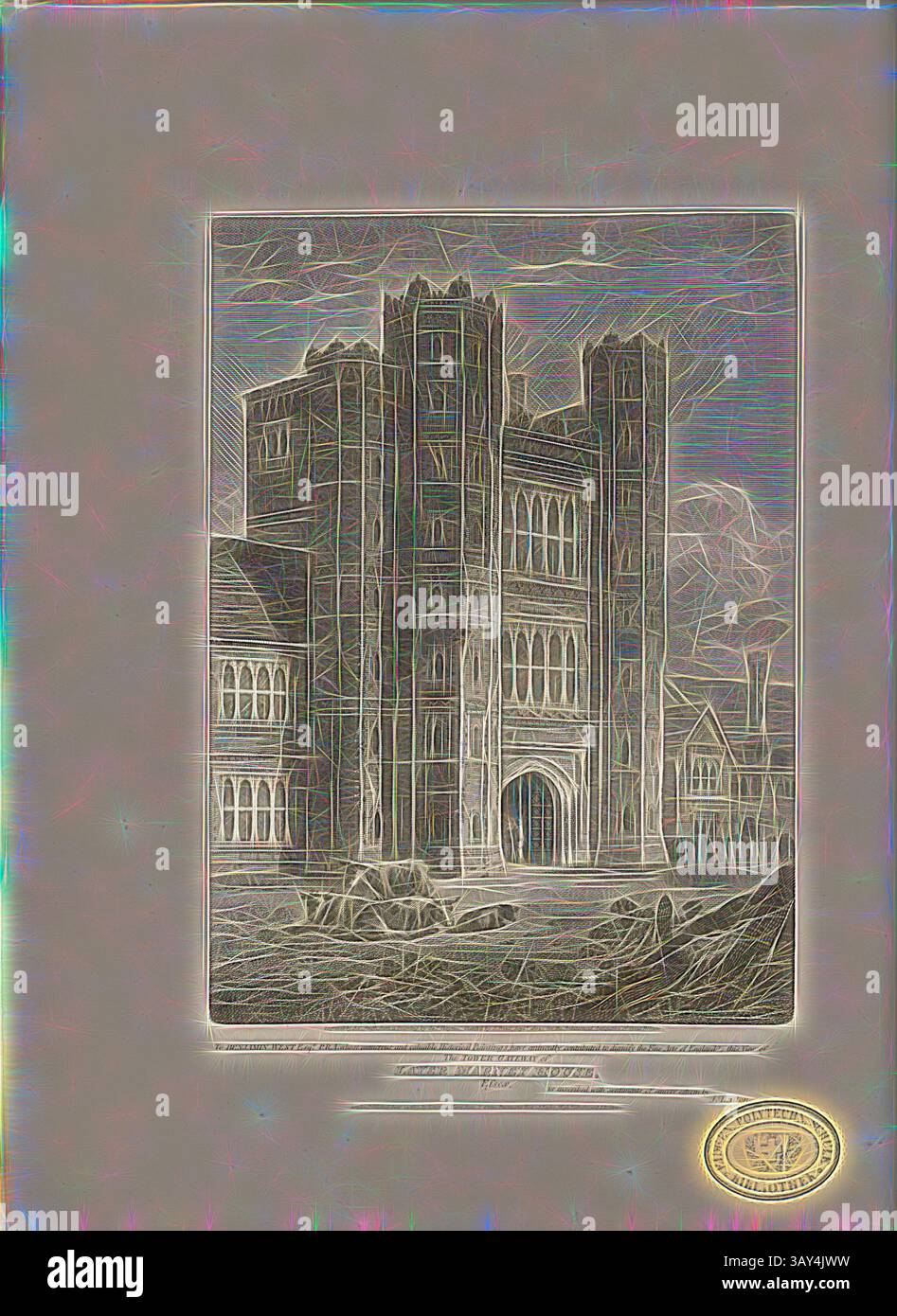 A grand, medieval-style building towers against a dramatic sky ...