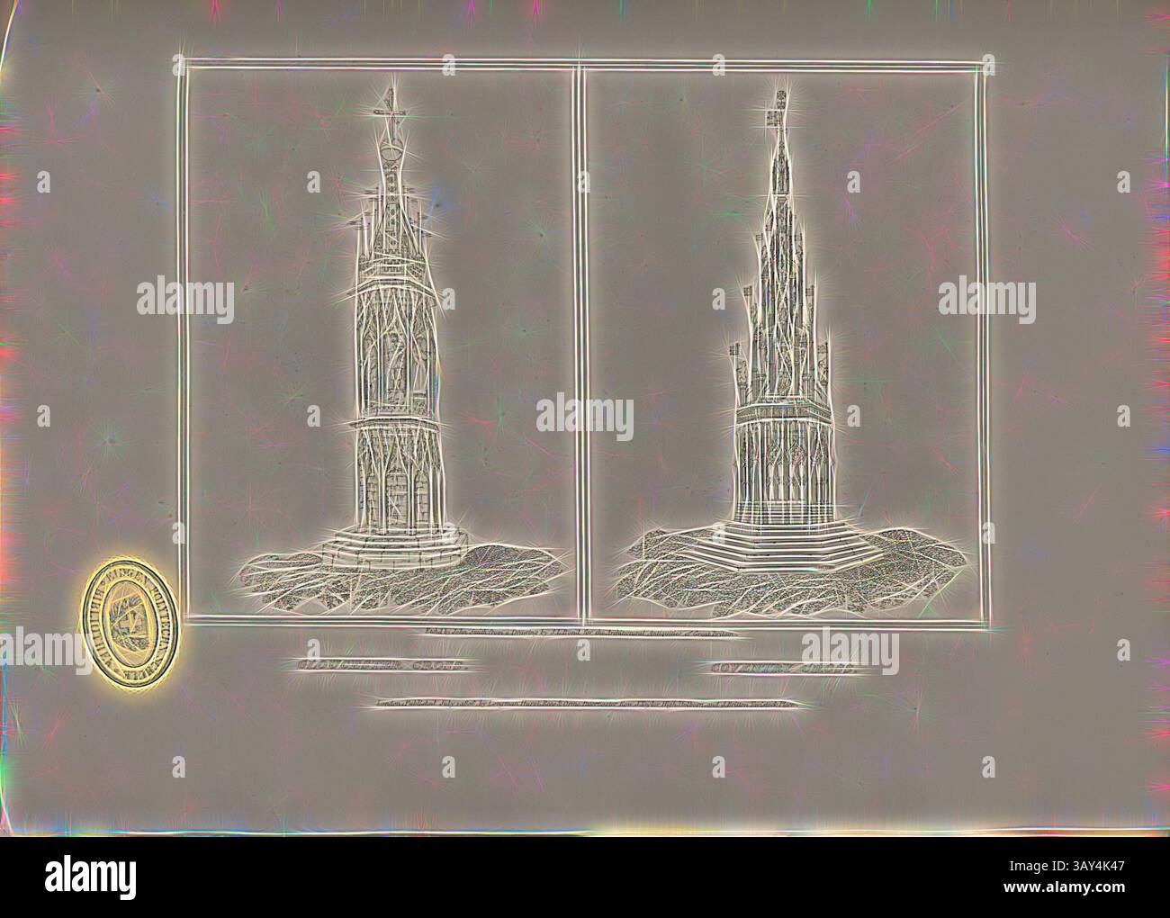 Two intricately detailed architectural designs stand side by side, each ...