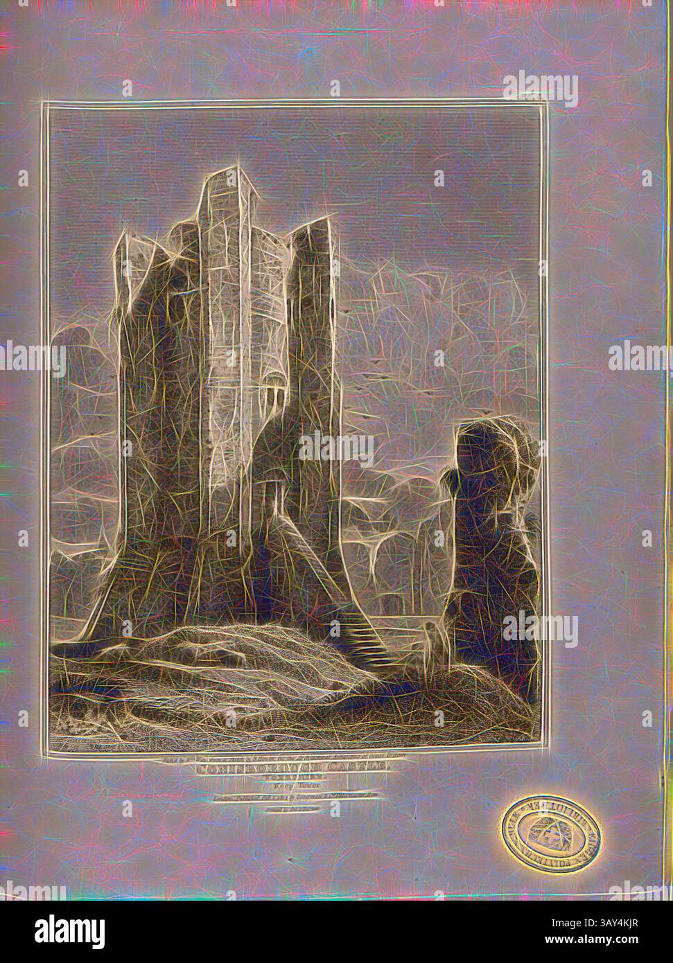 A towering stone structure rises against a textured backdrop, with ...