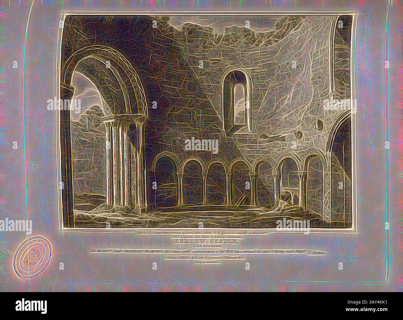 A dramatic depiction of ancient ruins, featuring arched doorways and ...