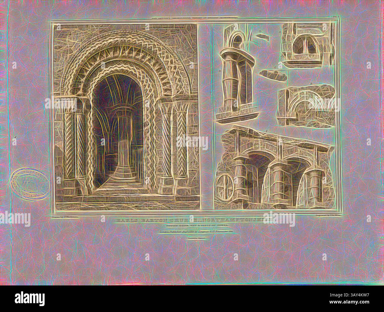 A detailed architectural illustration featuring a grand archway with ...
