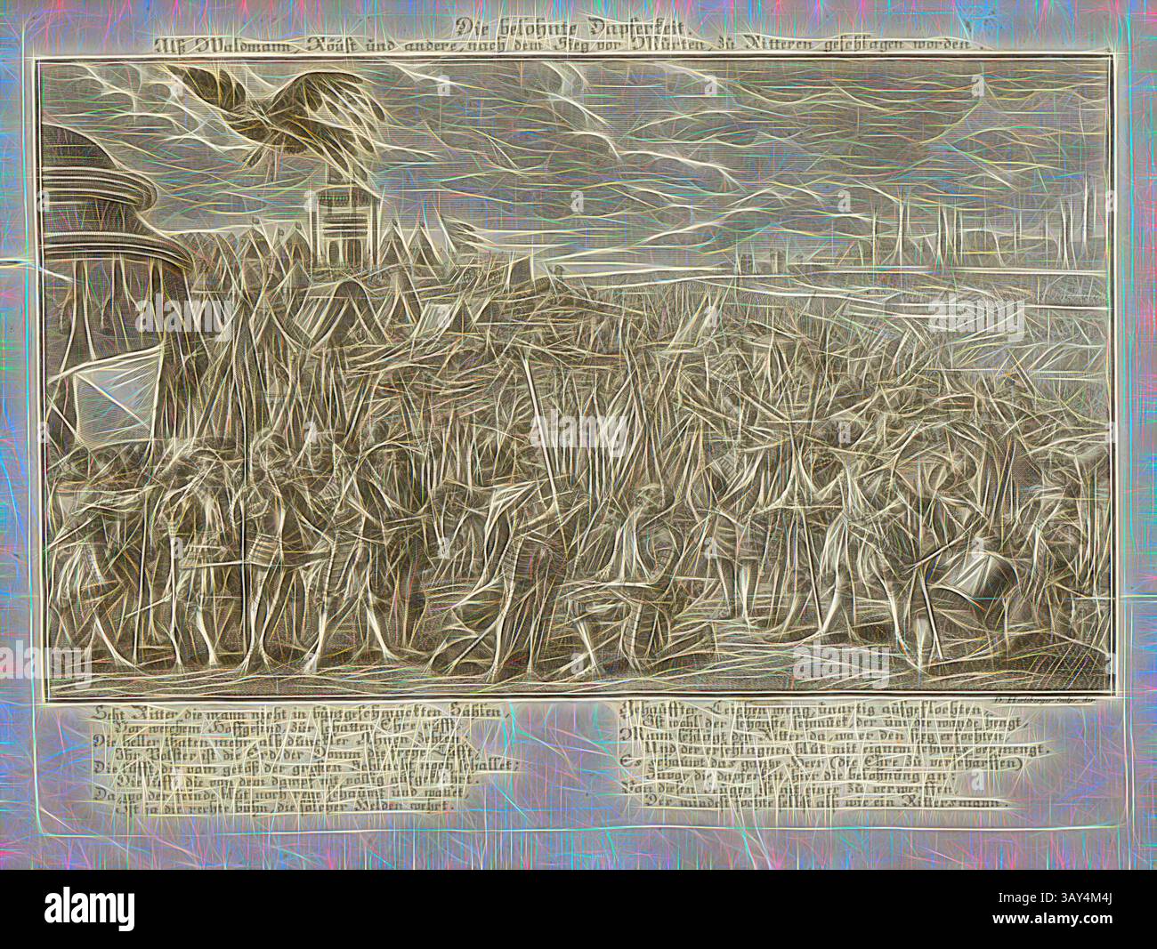 A chaotic scene unfolds with a multitude of figures engaged in a ...