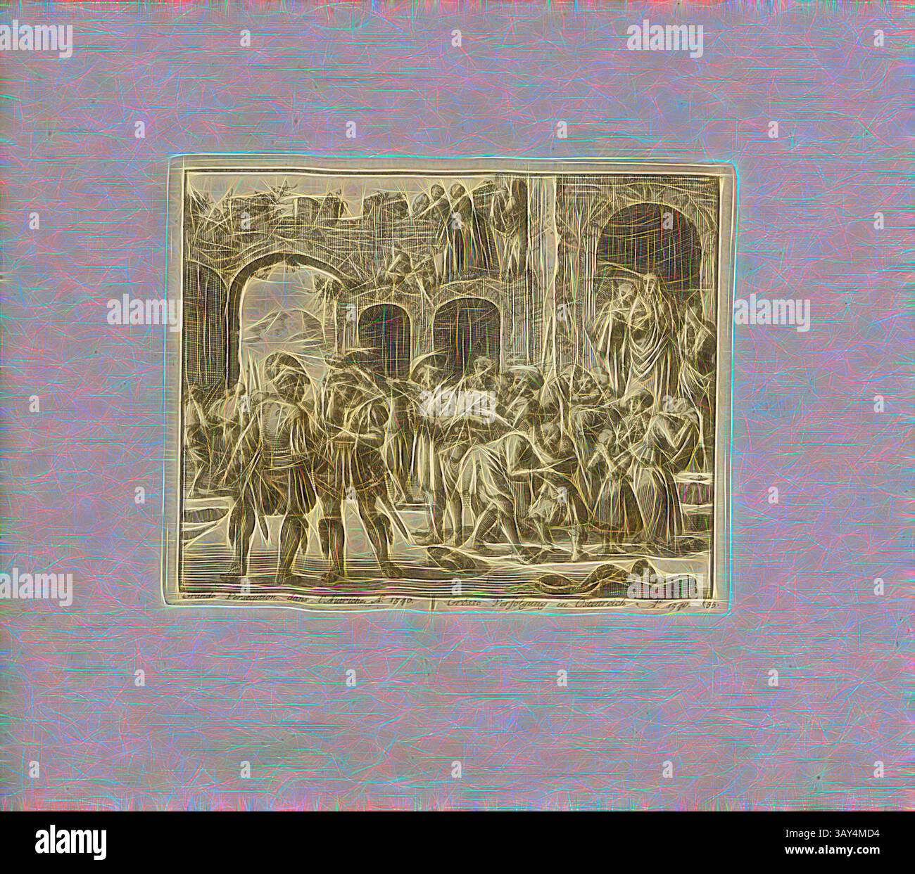 A historical scene depicting a gathering of individuals, some kneeling while others stand in a ...