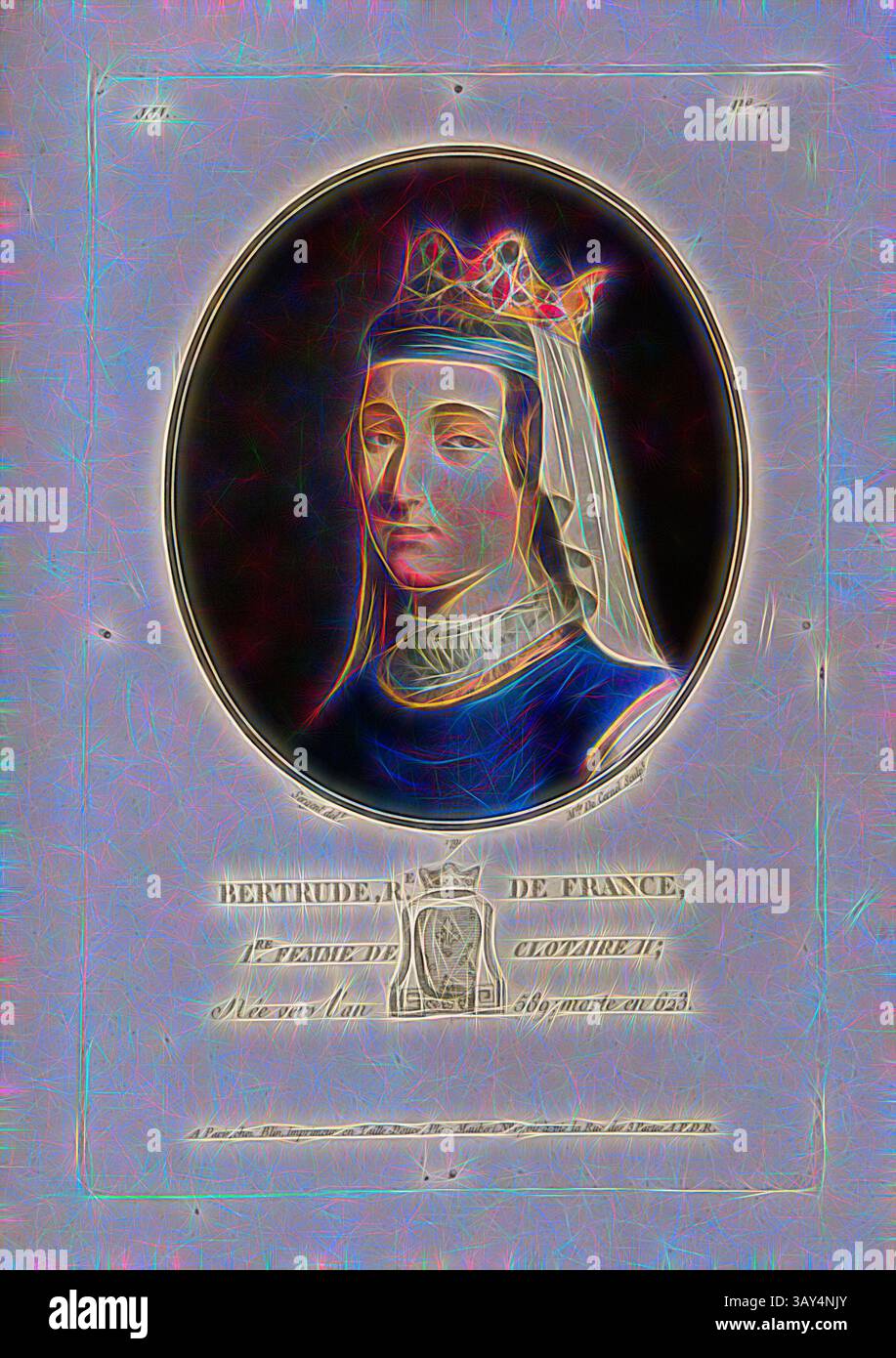 A regal figure adorned with a crown, gazing solemnly, portrayed with ...