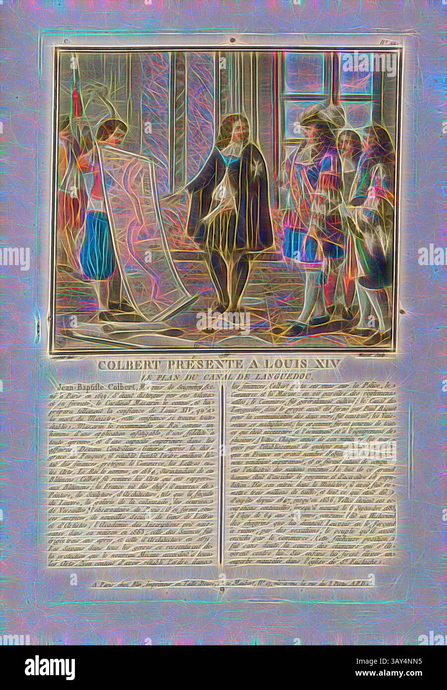 A historical scene depicting Colbert presenting a figure to Louis XIV ...