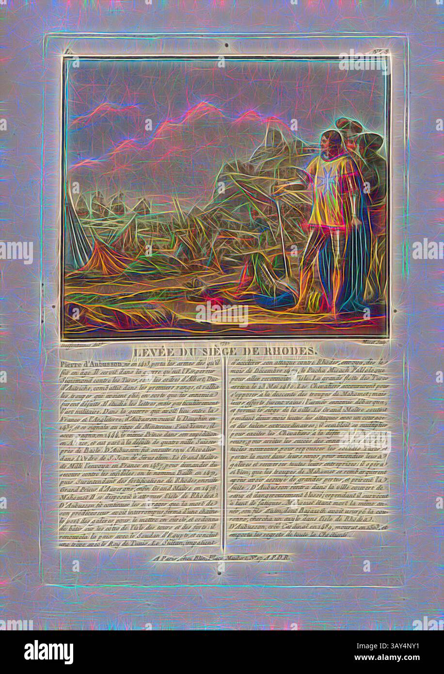 A historic scene depicting a figure in armor surveying a landscape ...