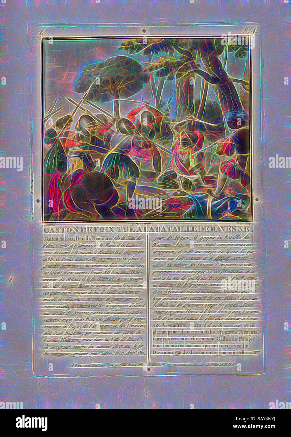 A historical scene depicts a chaotic battle with figures engaged in ...