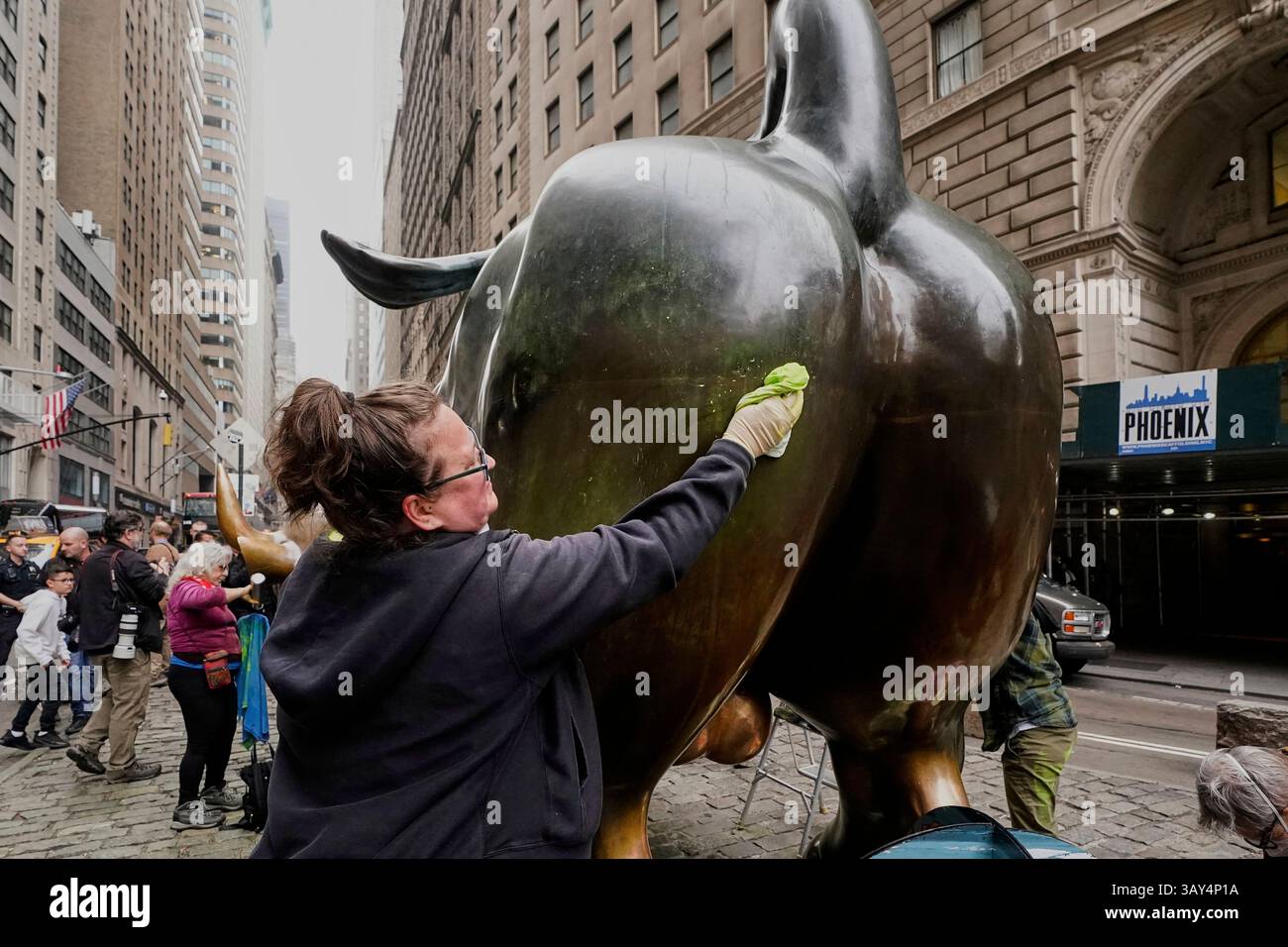A member of Extinction Rebellion cleans Arturo Di Modica's "Charging Bull" sculpture that they ...