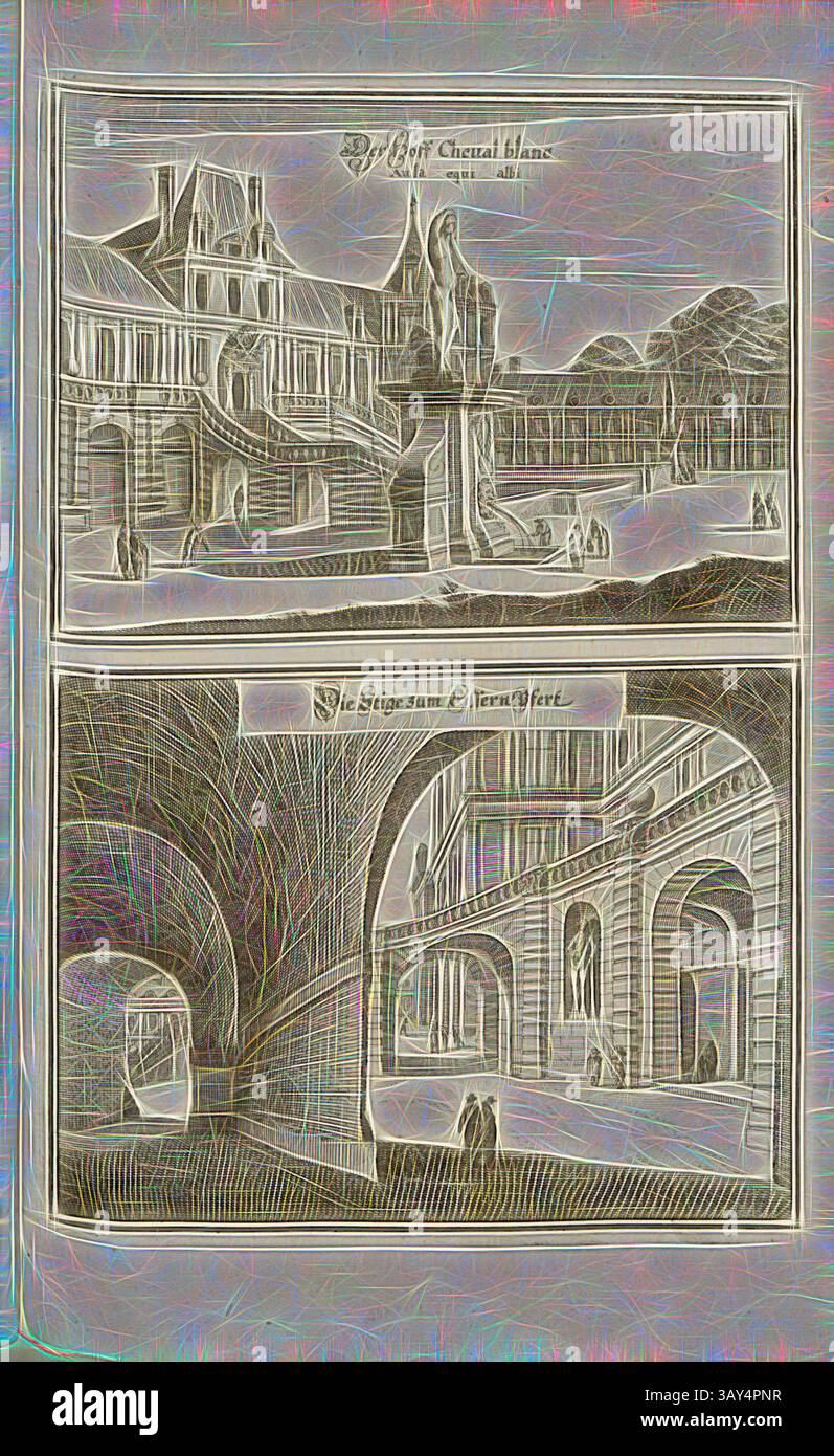 A stylized depiction of a grand architectural scene, showcasing ...