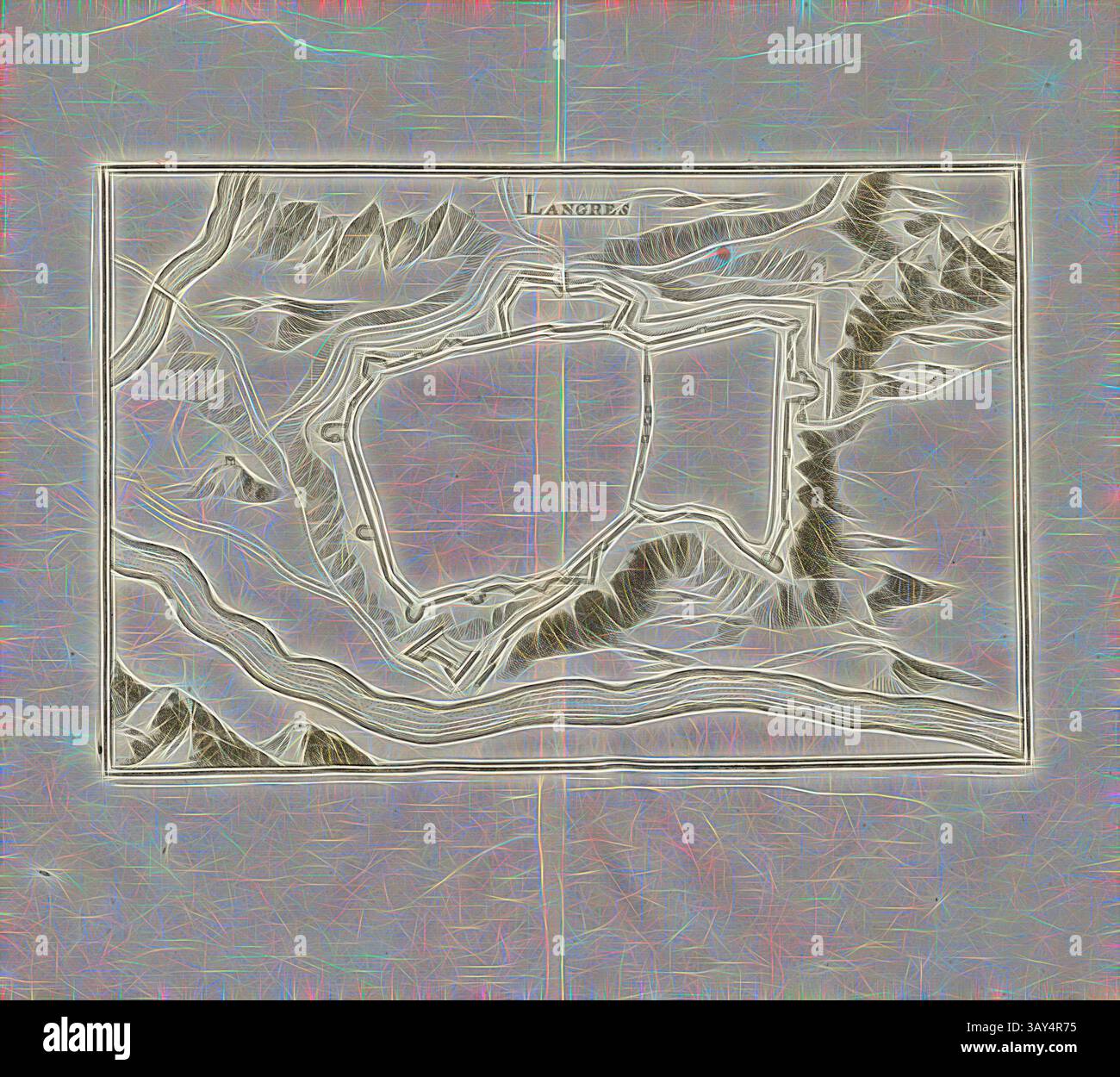 A stylized map depicting a fortified structure surrounded by mountains ...