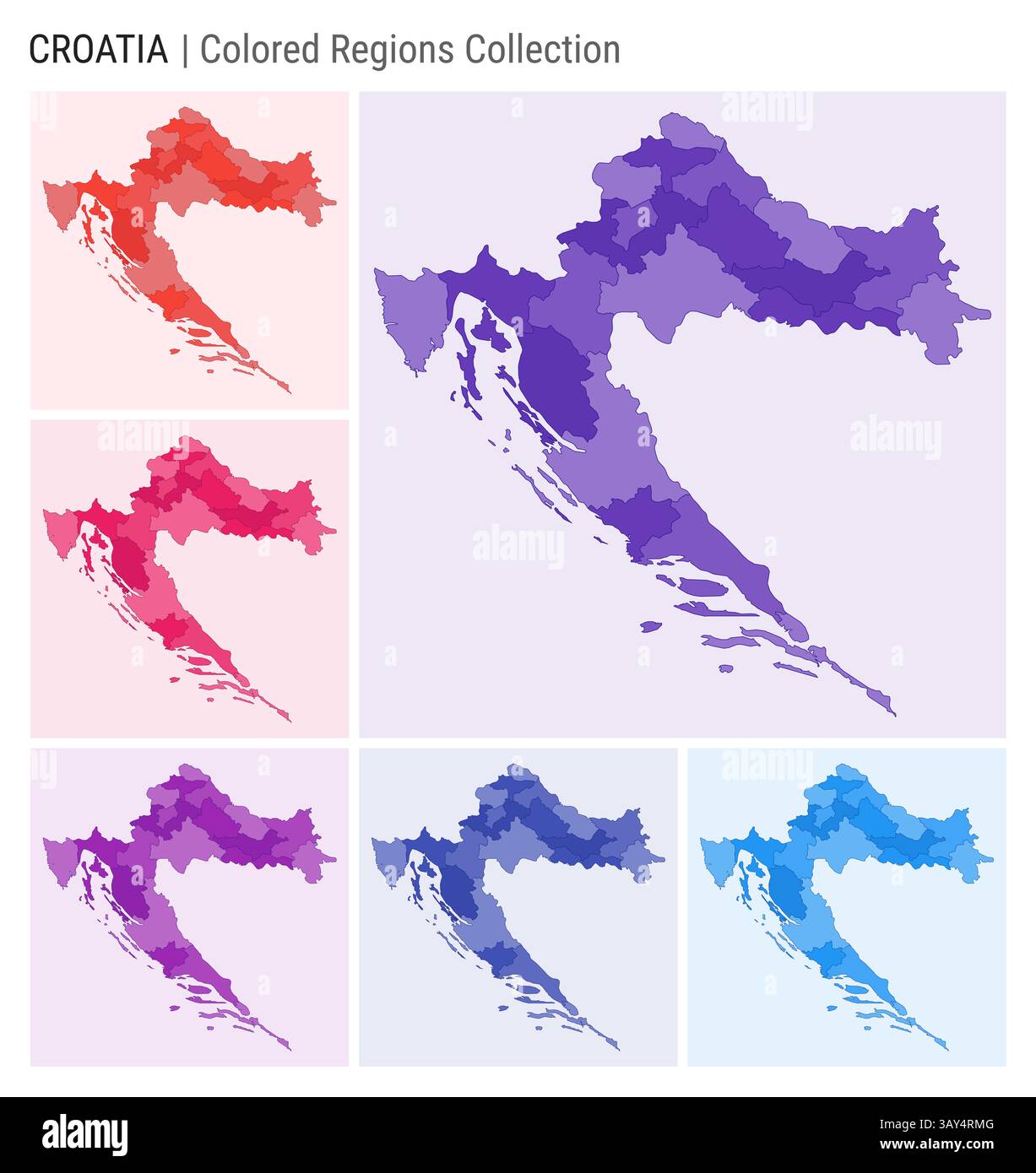 Croatia map collection. Country shape with colored regions. Deep Purple, Red, Pink, Purple ...