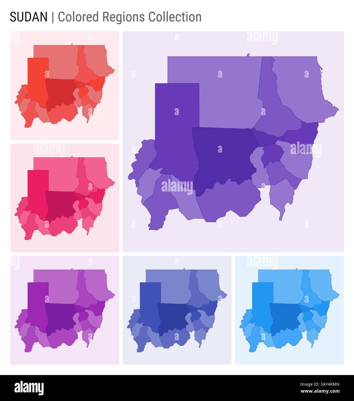 Sudan map collection. Country shape with colored regions. Deep Purple, Red, Pink, Purple, Indigo ...