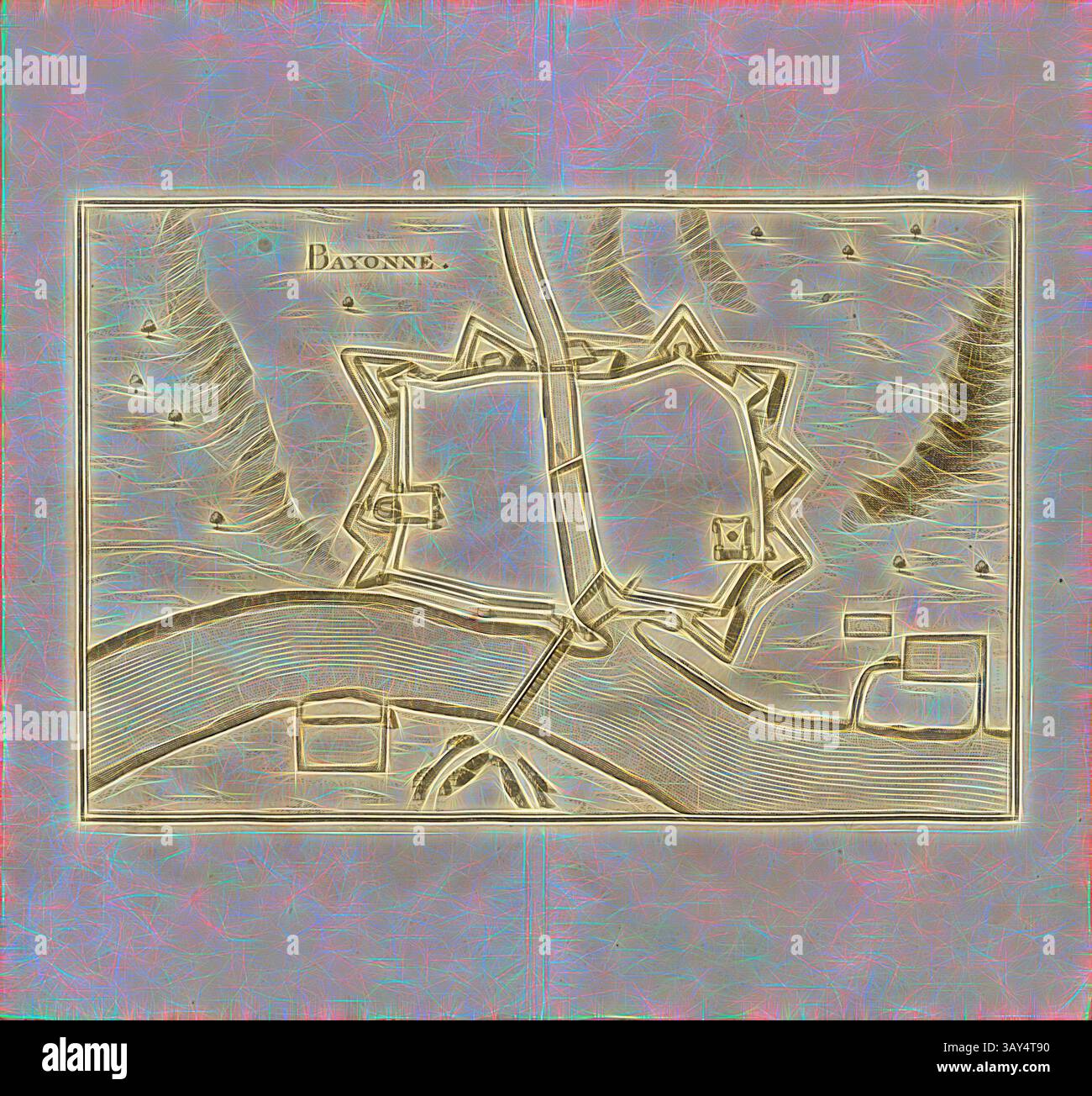 An intricately designed map depicting the layout of a fortified town ...