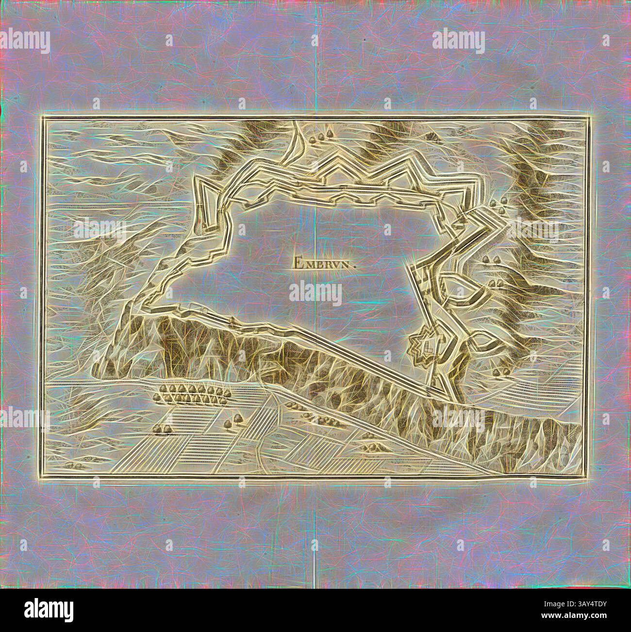 A detailed historical map showcasing a fortified city, delineated with ...