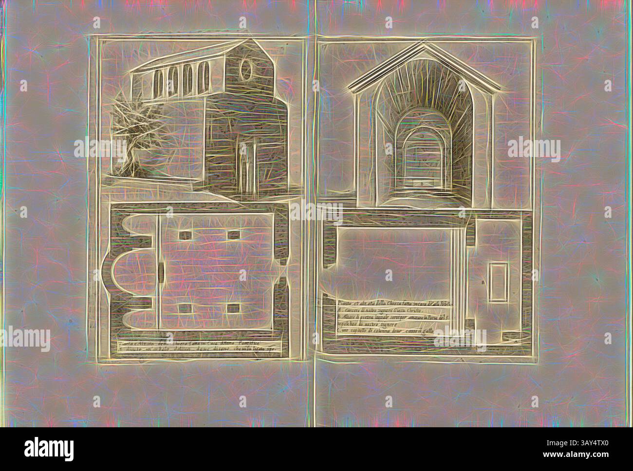 A stylized depiction of architectural structures, featuring a church ...