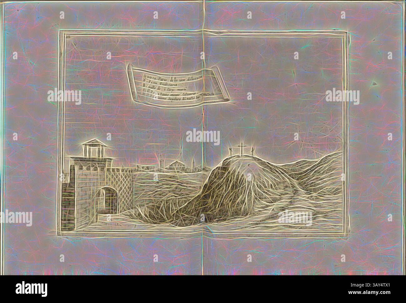 A stylized depiction of a landscape featuring a fortress with a ...