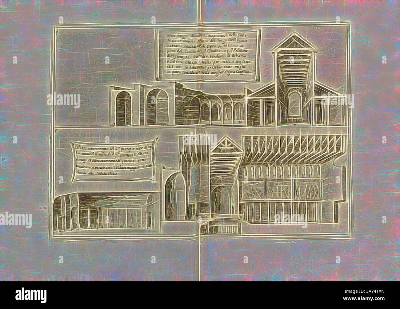 An architectural illustration featuring intricate designs of a building ...