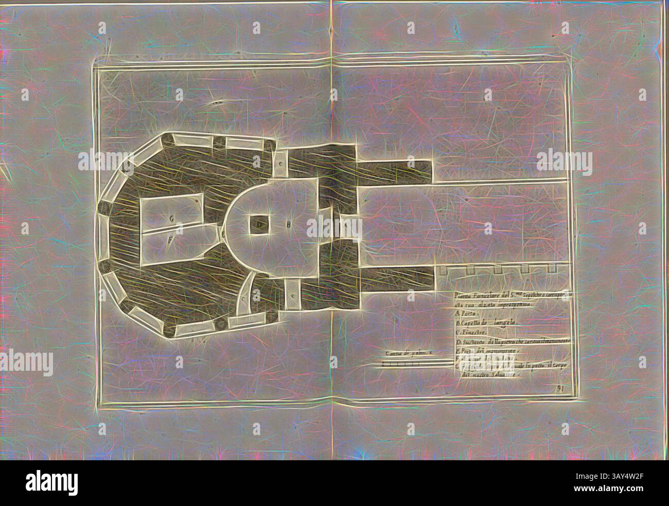 A detailed architectural plan featuring a circular layout with various ...