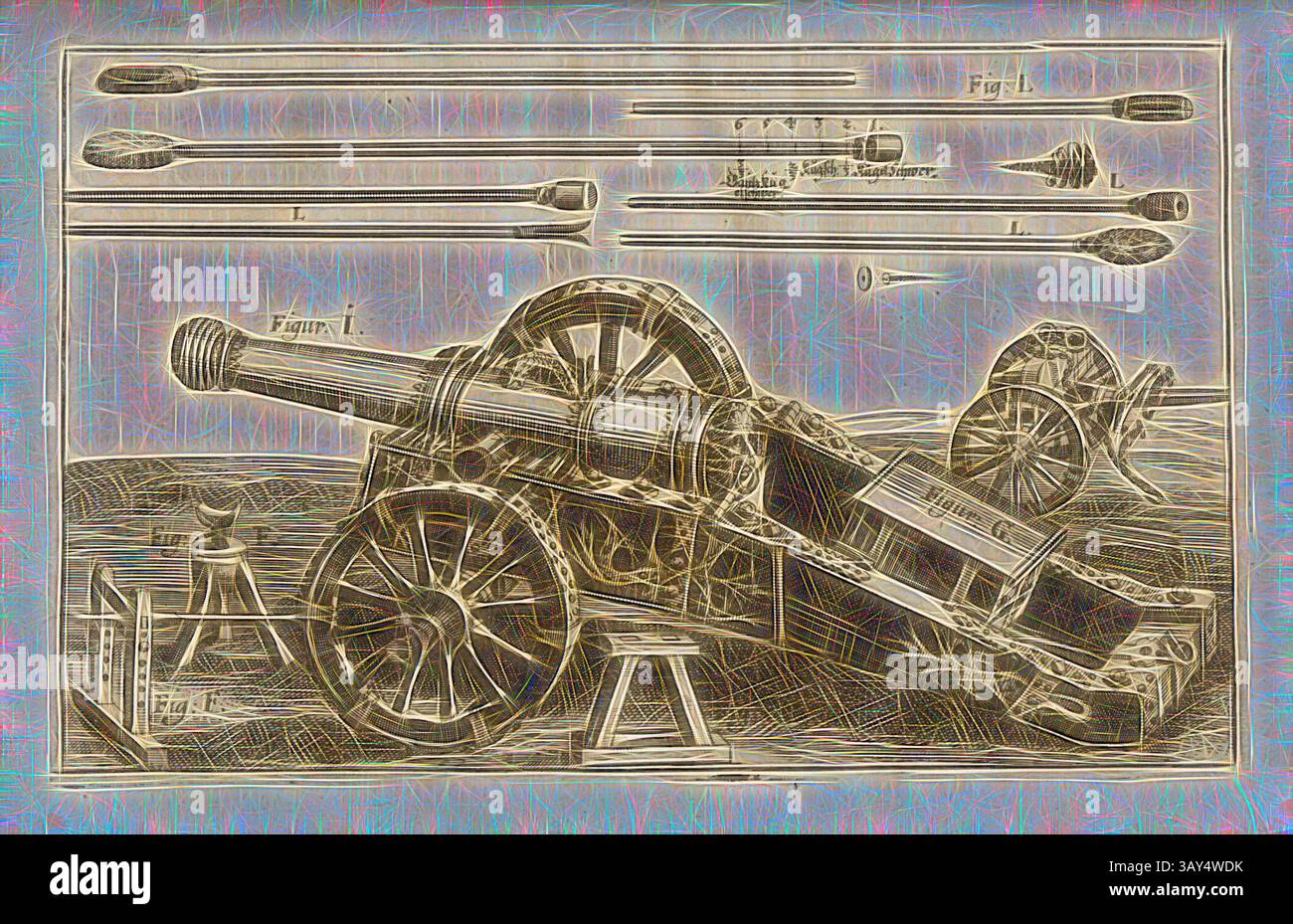 An elaborate illustration of a cannon surrounded by various projectiles ...