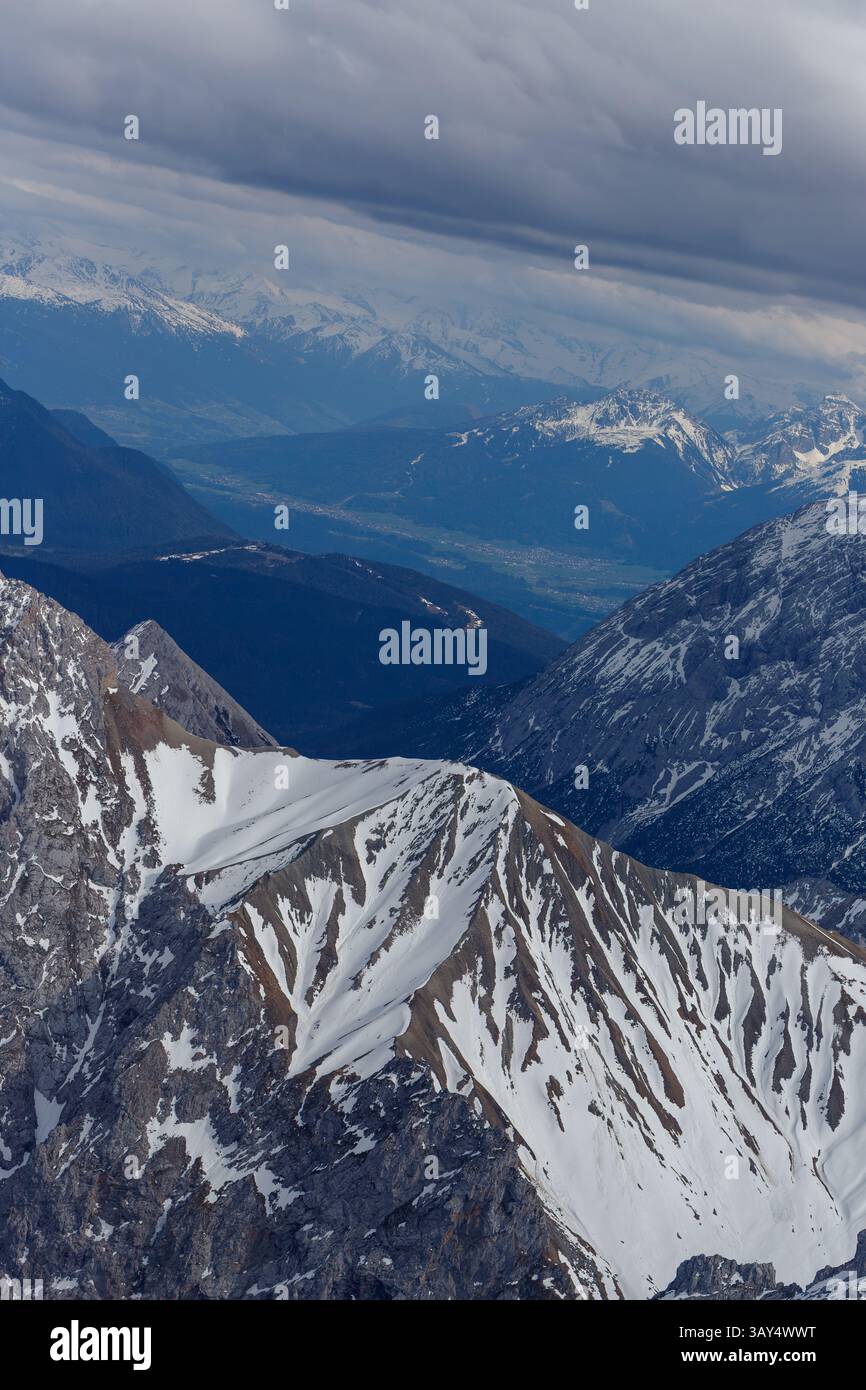 A beautiful view from the Zugspitze summit on the Alps on at spring ...