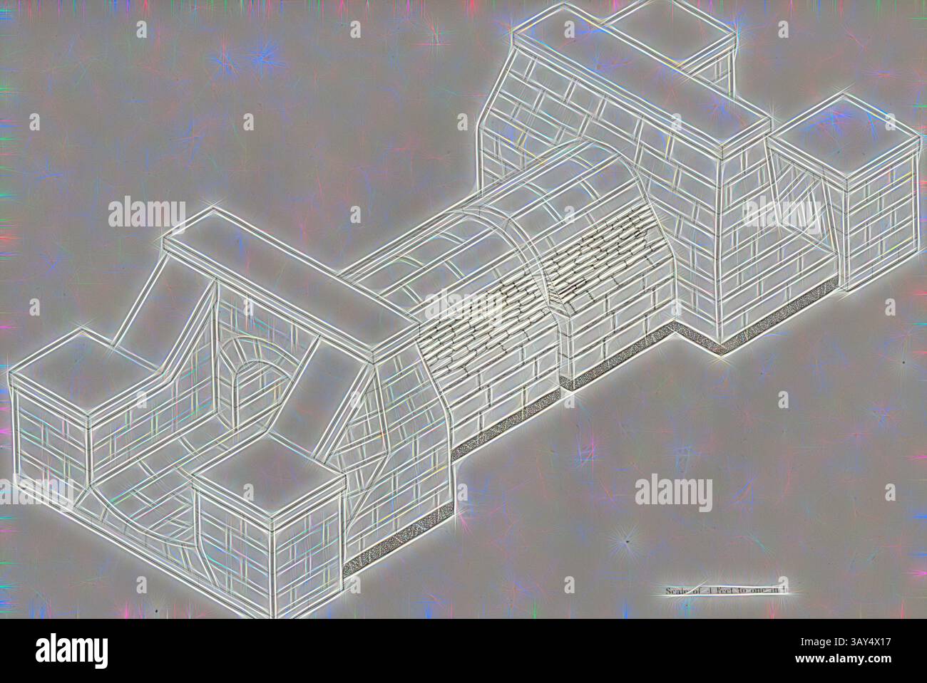 A stylized architectural design features geometric shapes and layers ...