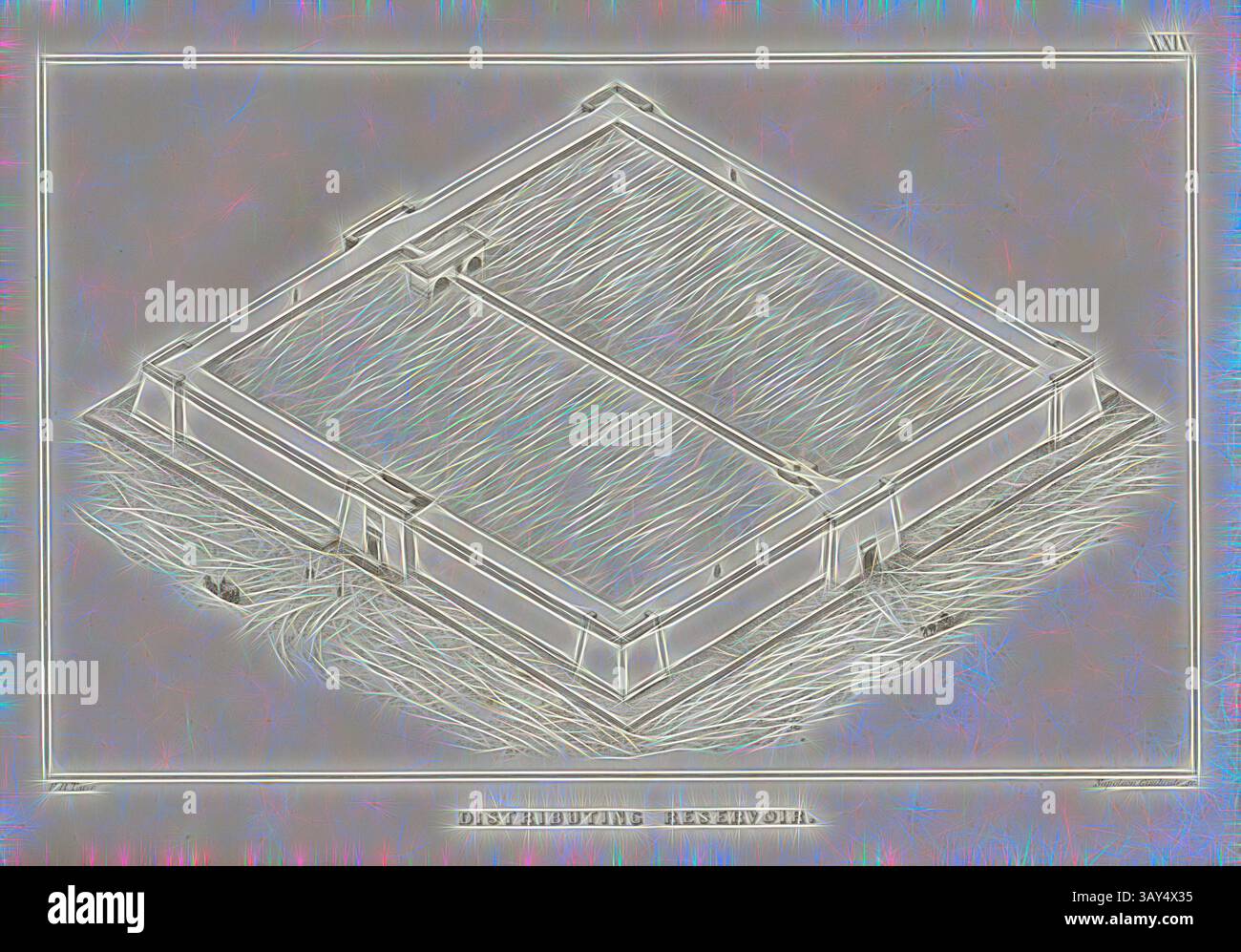 A detailed illustration of a rectangular structure set on a grassy surface, featuring a slightly ...