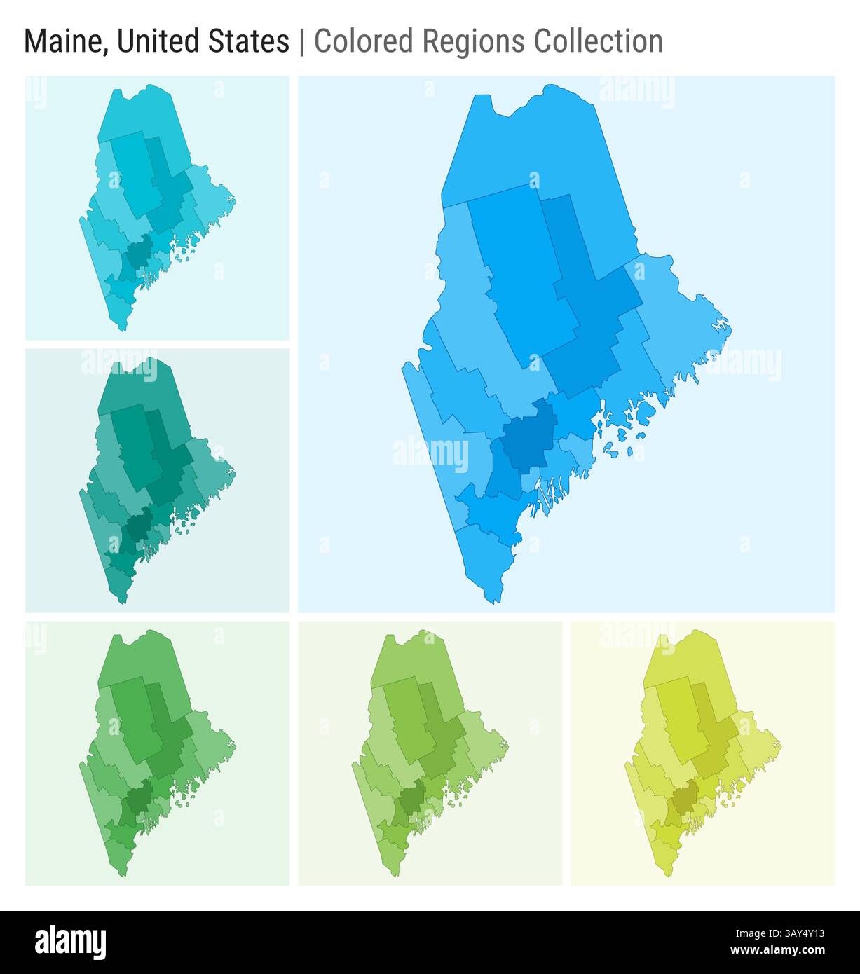 Maine, United States. Map collection. State shape. Colored counties ...
