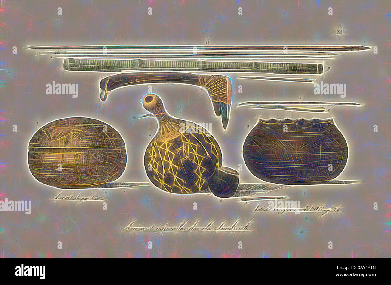 A collection of various traditional artifacts, including two rounded ...