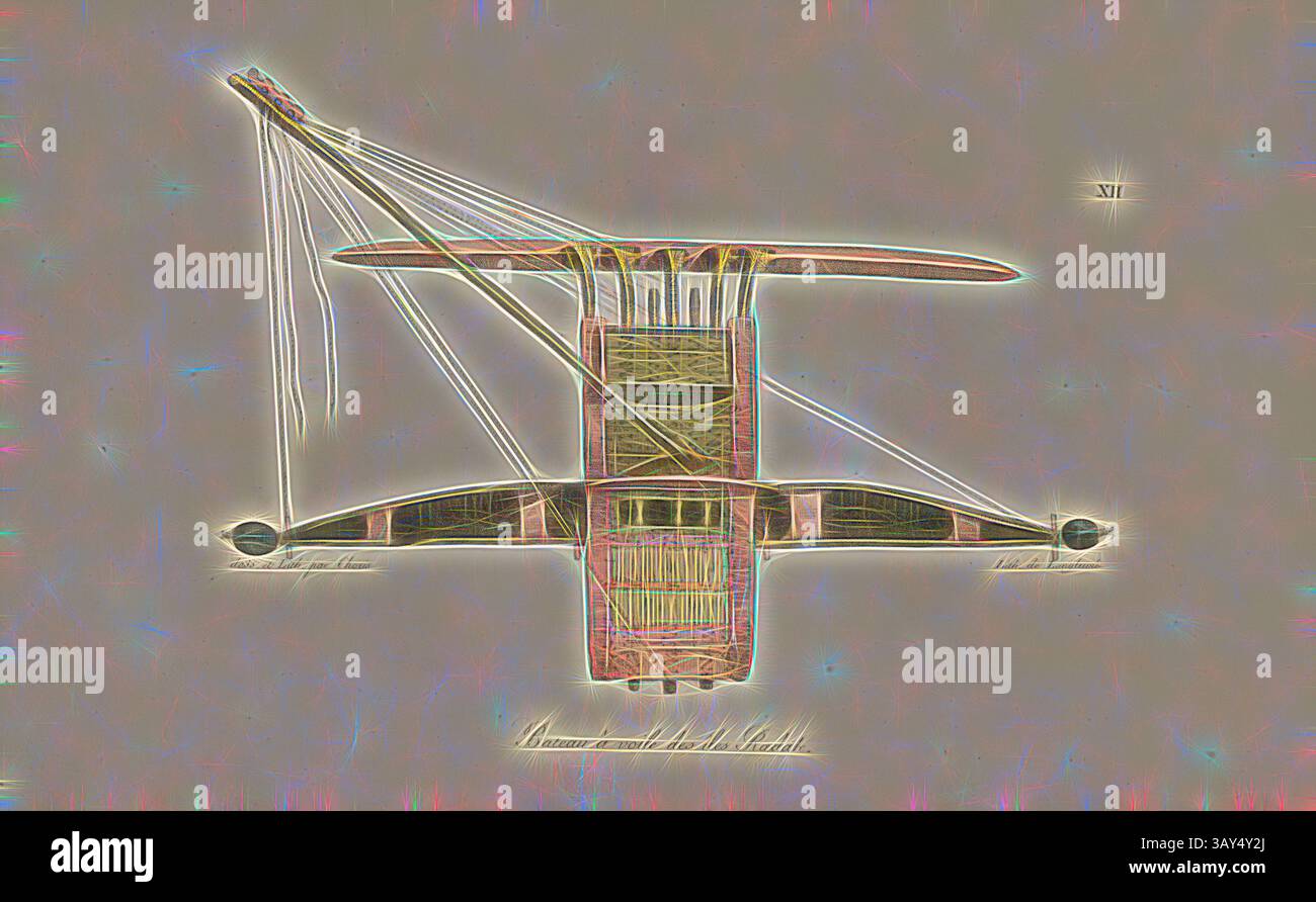 An intricate design of an early flying machine, featuring a central ...