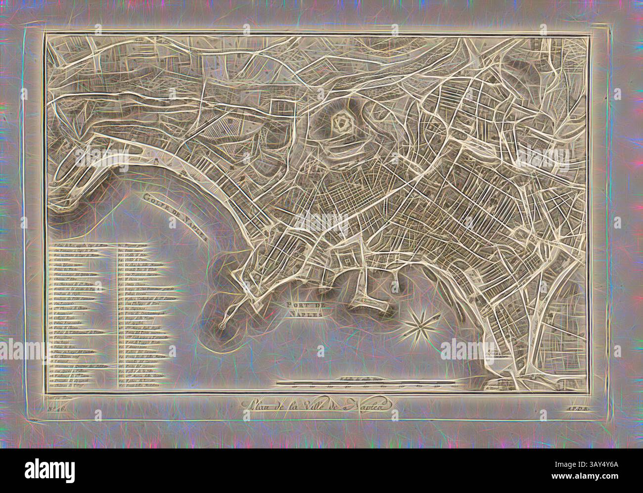 A detailed vintage map depicting a coastal city with intricate street ...