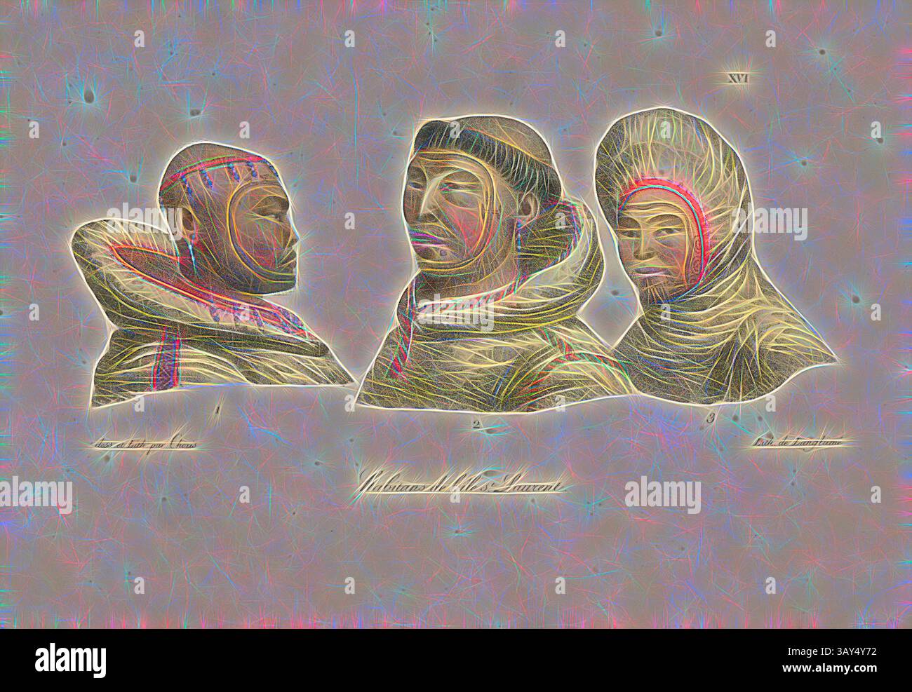 Three stylized figures are depicted, showcasing unique headgear and ...