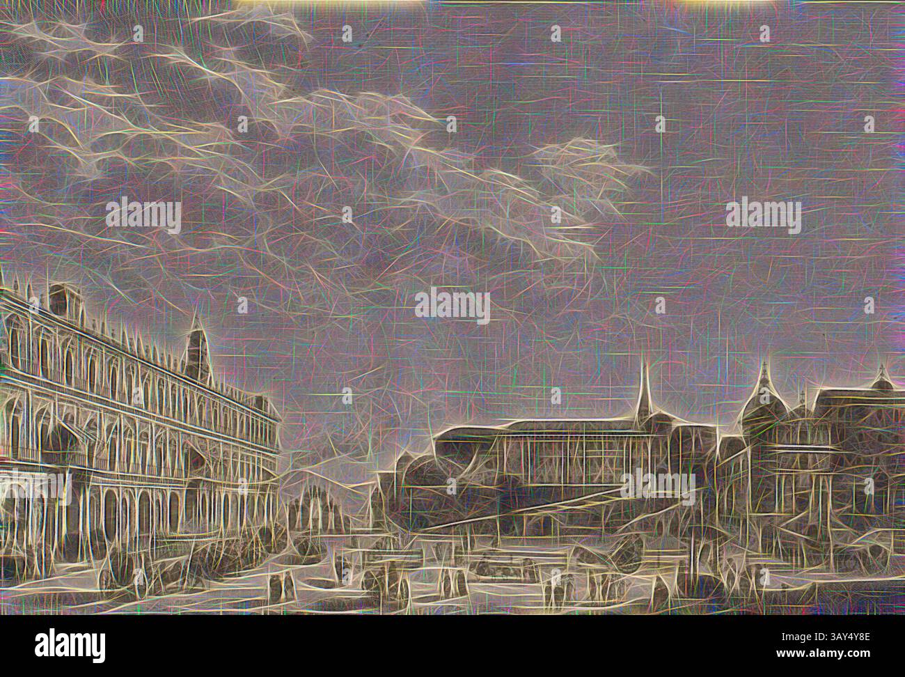 A stylized scene of an architectural landscape, featuring grand ...